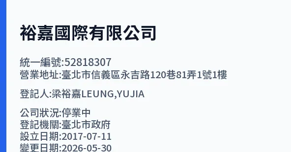 裕嘉國際有限公司的照片-統編 52818307(臺北市) 公司登記資料與營業項目詳細圖表