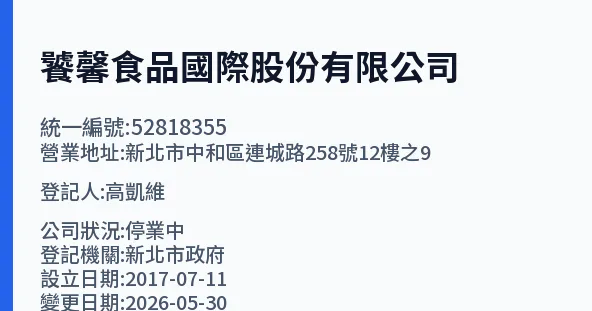 饕馨食品國際股份有限公司的照片-統編 52818355(新北市) 公司登記資料與營業項目詳細圖表