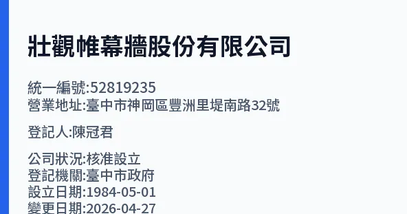 壯觀帷幕牆股份有限公司的照片-統編 52819235(臺中市) 公司登記資料與營業項目詳細圖表