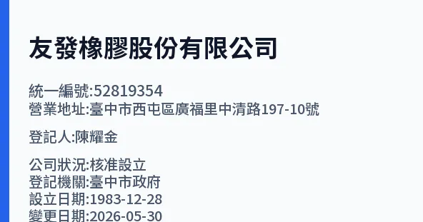 友發橡膠股份有限公司的照片-統編 52819354(臺中市) 公司登記資料與營業項目詳細圖表
