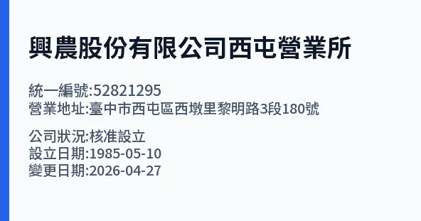 興農股份有限公司西屯營業所的照片-統編 52821295(臺中市) 公司登記資料與營業項目詳細圖表
