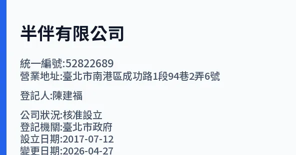 半伴有限公司的照片-統編 52822689(臺北市) 公司登記資料與營業項目詳細圖表