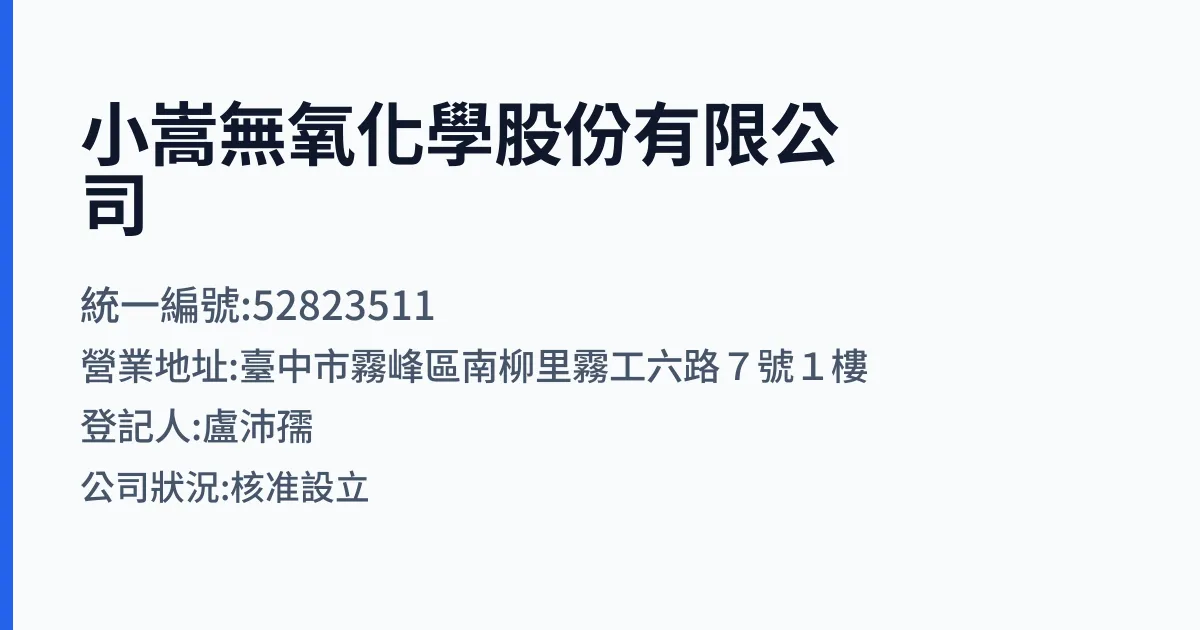 小嵩無氧化學股份有限公司 - 統編 52823511(臺中市) 公司登記資料與營業項目詳細圖表