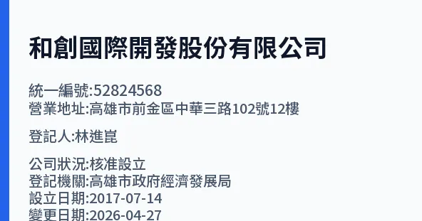 和創國際開發股份有限公司的照片-統編 52824568(高雄市) 公司登記資料與營業項目詳細圖表