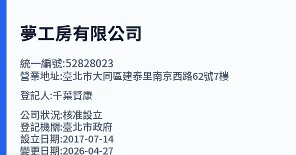 夢工房有限公司的照片-統編 52828023(臺北市) 公司登記資料與營業項目詳細圖表