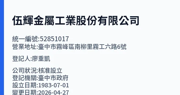 伍輝金屬工業股份有限公司的照片-統編 52851017(臺中市) 公司登記資料與營業項目詳細圖表