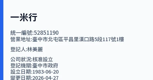 一米行的照片-統編 52851190(臺中市) 公司登記資料與營業項目詳細圖表