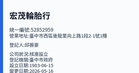 宏茂輪胎行的照片-統編 52852959(臺中市) 公司登記資料與營業項目詳細圖表