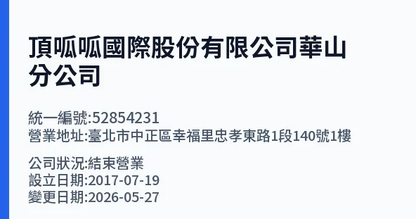 頂呱呱國際股份有限公司華山分公司的照片-統編 52854231(臺北市) 公司登記資料與營業項目詳細圖表