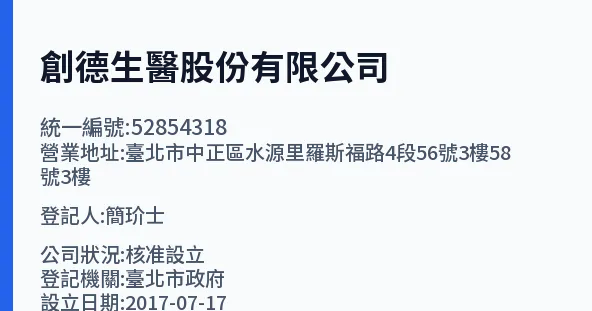 創德生醫股份有限公司的照片-統編 52854318(臺北市) 公司登記資料與營業項目詳細圖表