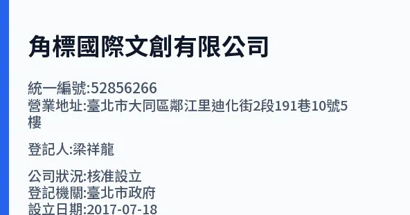 角標國際文創有限公司的照片-統編 52856266(臺北市) 公司登記資料與營業項目詳細圖表