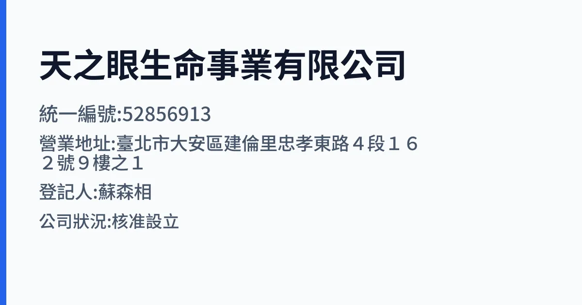 天之眼生命事業有限公司 - 統編 52856913(臺北市) 公司登記資料與營業項目詳細圖表
