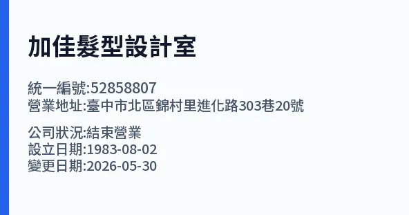 加佳髮型設計室的照片-統編 52858807(臺中市) 公司登記資料與營業項目詳細圖表