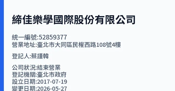締佳樂學國際股份有限公司的照片-統編 52859377(臺北市) 公司登記資料與營業項目詳細圖表