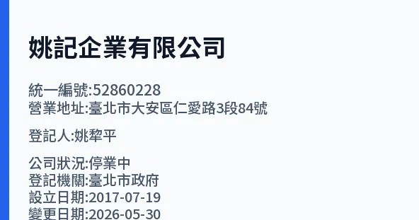 姚記企業有限公司的照片-統編 52860228(臺北市) 公司登記資料與營業項目詳細圖表