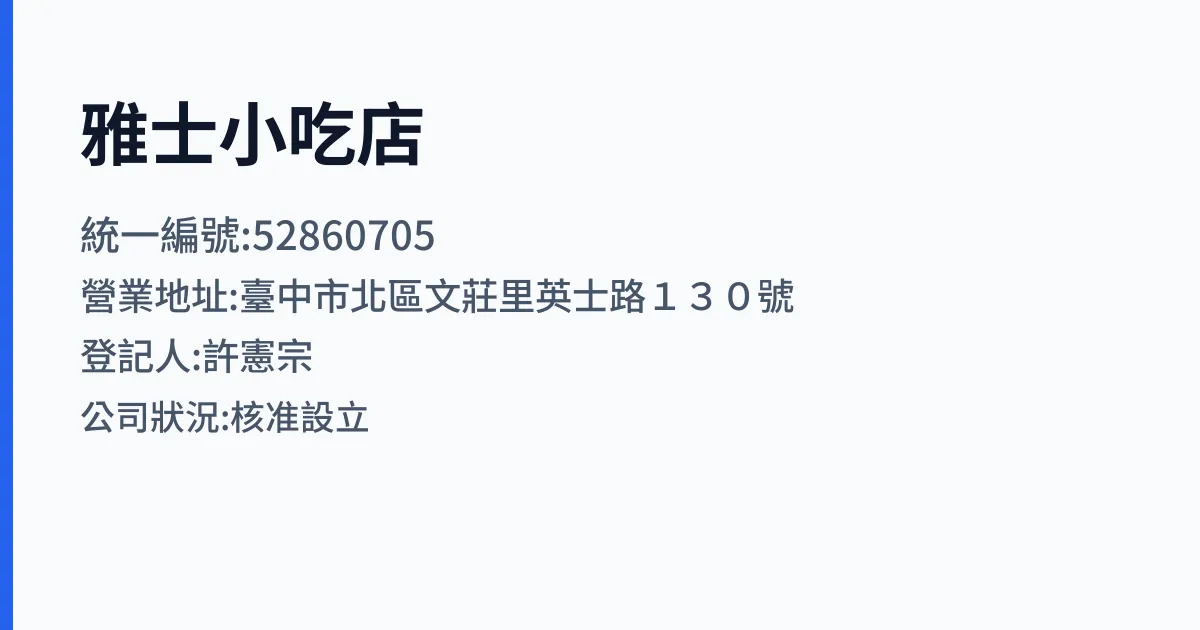 雅士小吃店 - 統編 52860705（臺中市） 公司登記資料與營業項目詳細圖表