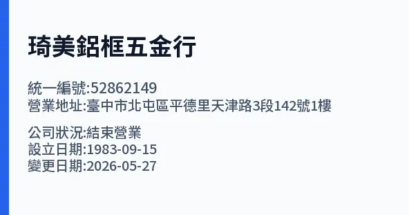 琦美鋁框五金行的照片-統編 52862149(臺中市) 公司登記資料與營業項目詳細圖表