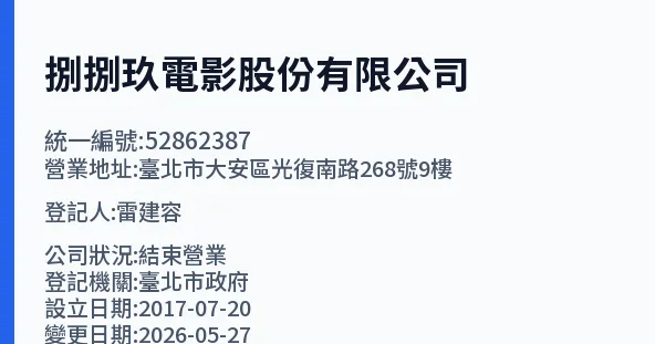 捌捌玖電影股份有限公司的照片-統編 52862387(臺北市) 公司登記資料與營業項目詳細圖表