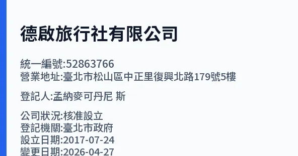 德啟旅行社有限公司的照片-統編 52863766(臺北市) 公司登記資料與營業項目詳細圖表