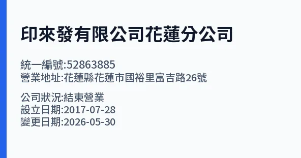 印來發有限公司花蓮分公司的照片-統編 52863885(花蓮縣) 公司登記資料與營業項目詳細圖表