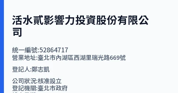 活水貳影響力投資股份有限公司的照片-統編 52864717(臺北市) 公司登記資料與營業項目詳細圖表