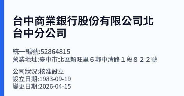 台中商業銀行股份有限公司北台中分公司的照片-統編 52864815(臺中市) 公司登記資料與營業項目詳細圖表