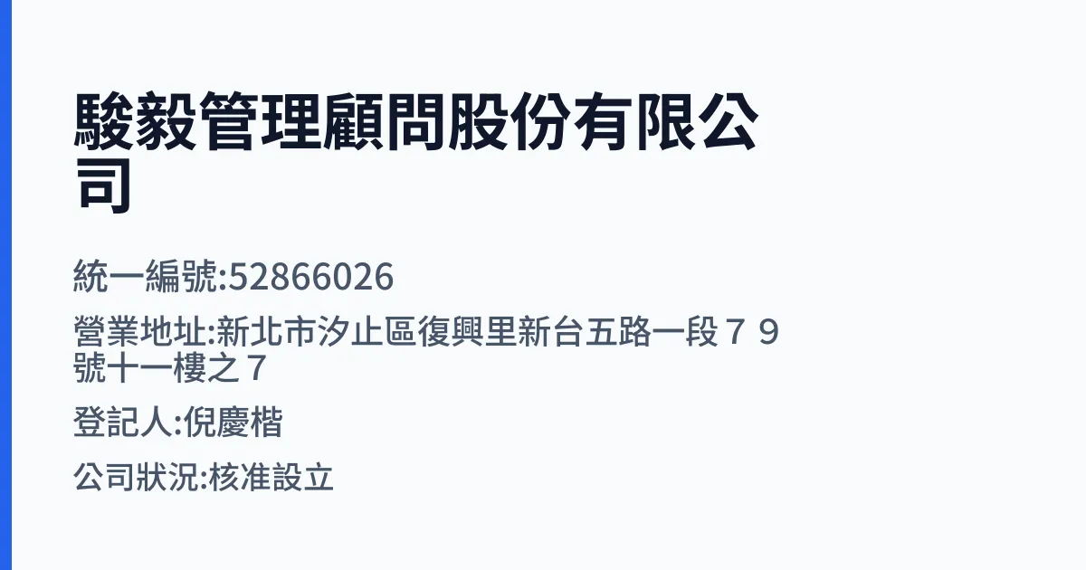 駿毅管理顧問股份有限公司 - 統編 52866026(新北市) 公司登記資料與營業項目詳細圖表
