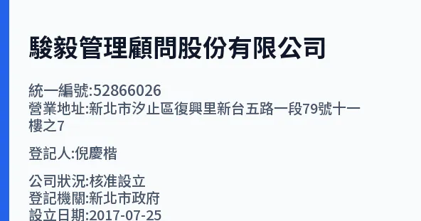 駿毅管理顧問股份有限公司的照片-統編 52866026(新北市) 公司登記資料與營業項目詳細圖表