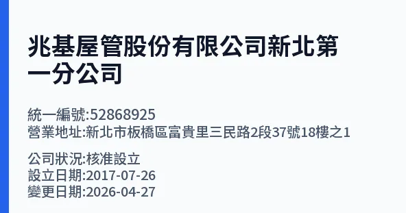 兆基屋管股份有限公司新北第一分公司的照片-統編 52868925(新北市) 公司登記資料與營業項目詳細圖表