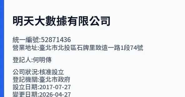 明天大數據有限公司的照片-統編 52871436(臺北市) 公司登記資料與營業項目詳細圖表