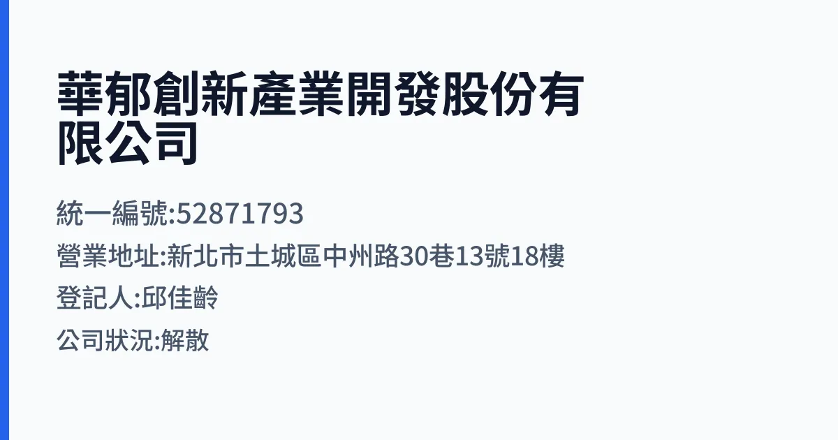 華郁創新產業開發股份有限公司 - 統編 52871793(新北市) 公司登記資料與營業項目詳細圖表