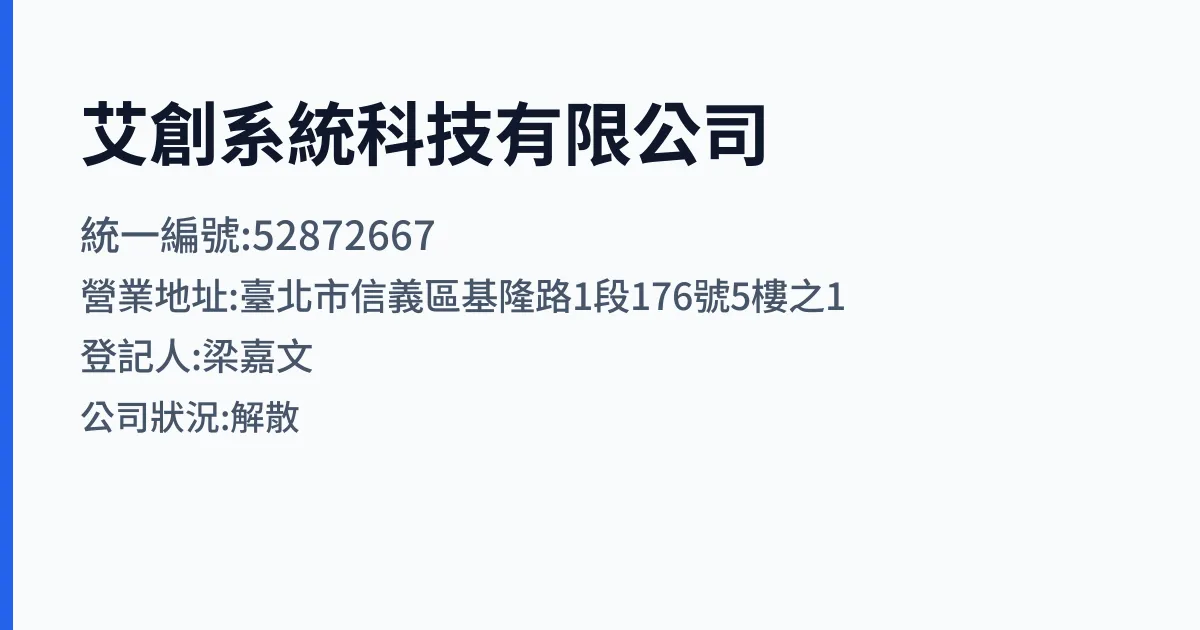 艾創系統科技有限公司 - 統編 52872667(臺北市) 公司登記資料與營業項目詳細圖表