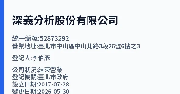 深義分析股份有限公司的照片-統編 52873292(臺北市) 公司登記資料與營業項目詳細圖表