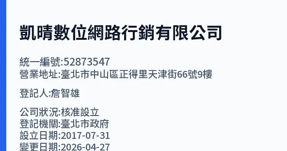 凱晴數位網路行銷有限公司的照片-統編 52873547(臺北市) 公司登記資料與營業項目詳細圖表