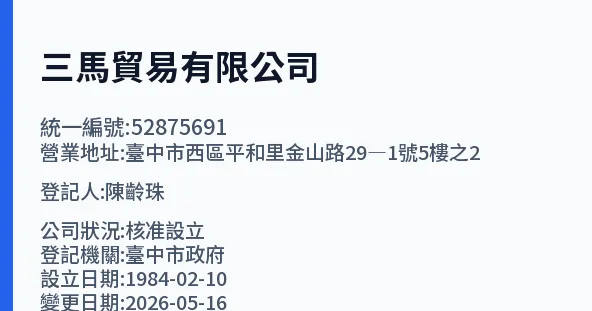 三馬貿易有限公司的照片-統編 52875691(臺中市) 公司登記資料與營業項目詳細圖表