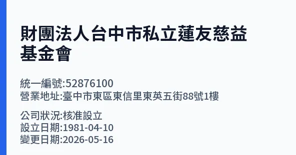 財團法人台中市私立蓮友慈益基金會的照片-統編 52876100(臺中市) 公司登記資料與營業項目詳細圖表