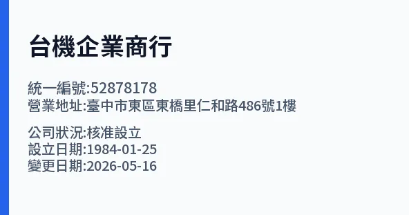 台機企業商行的照片-統編 52878178(臺中市) 公司登記資料與營業項目詳細圖表