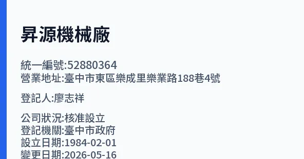 昇源機械廠的照片-統編 52880364(臺中市) 公司登記資料與營業項目詳細圖表