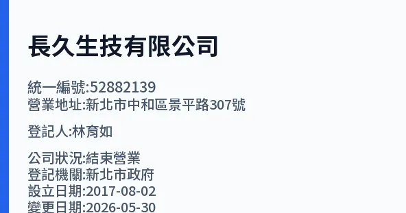 長久生技有限公司的照片-統編 52882139(新北市) 公司登記資料與營業項目詳細圖表