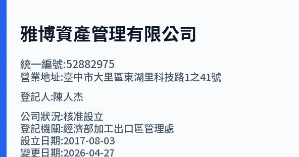 雅博資產管理有限公司的照片-統編 52882975(臺中市) 公司登記資料與營業項目詳細圖表