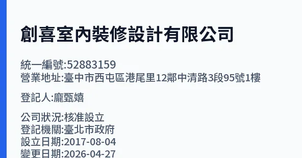 創喜室內裝修設計有限公司的照片-統編 52883159(臺中市) 公司登記資料與營業項目詳細圖表