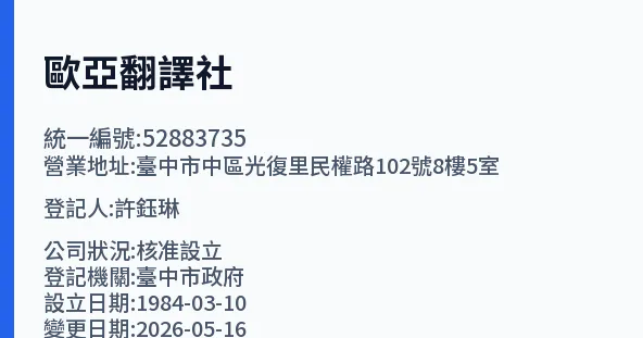 歐亞翻譯社的照片-統編 52883735(臺中市) 公司登記資料與營業項目詳細圖表