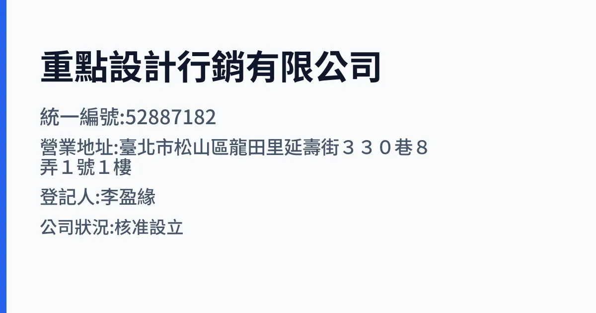重點設計行銷有限公司 - 統編 52887182(臺北市) 公司登記資料與營業項目詳細圖表
