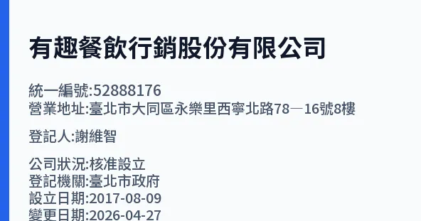有趣餐飲行銷股份有限公司的照片-統編 52888176(臺北市) 公司登記資料與營業項目詳細圖表