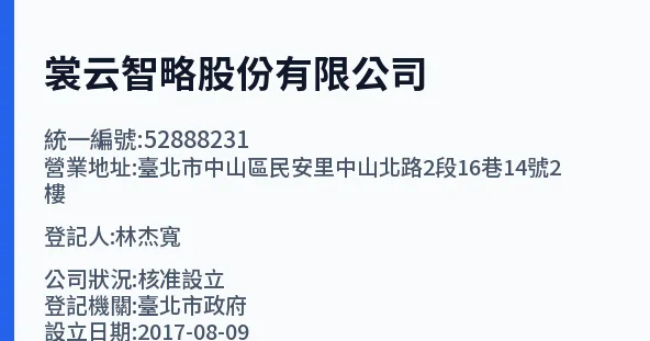 裳云智略股份有限公司的照片-統編 52888231(臺北市) 公司登記資料與營業項目詳細圖表