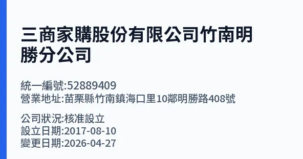 三商家購股份有限公司竹南明勝分公司的照片-統編 52889409(苗栗縣) 公司登記資料與營業項目詳細圖表