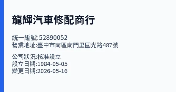 龍輝汽車修配商行的照片-統編 52890052(臺中市) 公司登記資料與營業項目詳細圖表