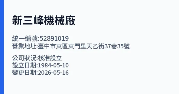 新三峰機械廠的照片-統編 52891019(臺中市) 公司登記資料與營業項目詳細圖表