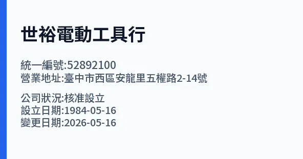 世裕電動工具行的照片-統編 52892100(臺中市) 公司登記資料與營業項目詳細圖表