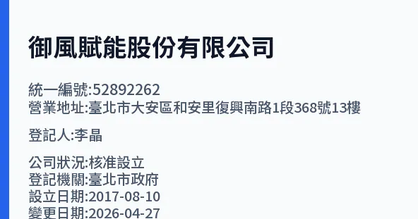 御風賦能股份有限公司的照片-統編 52892262(臺北市) 公司登記資料與營業項目詳細圖表